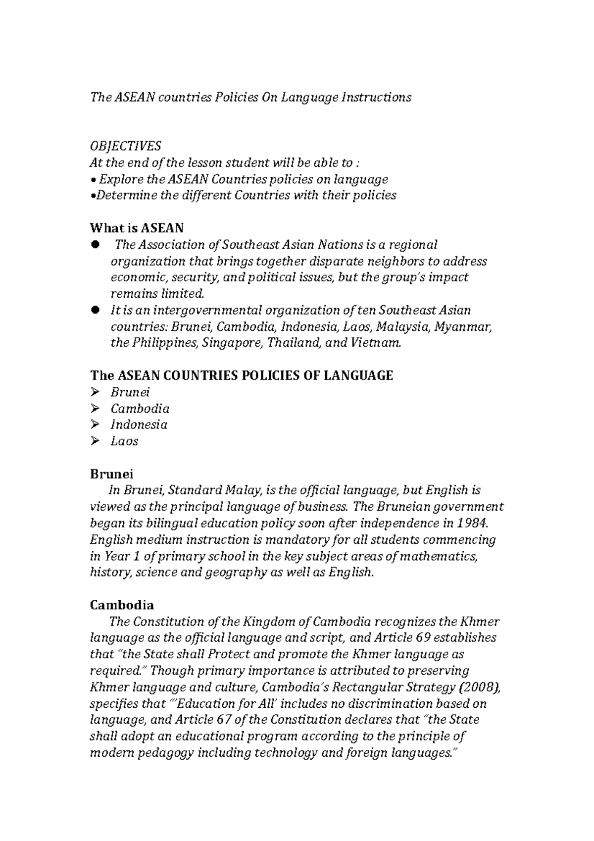 The Asean countries Policies On Language Instructions - The ASEAN ...