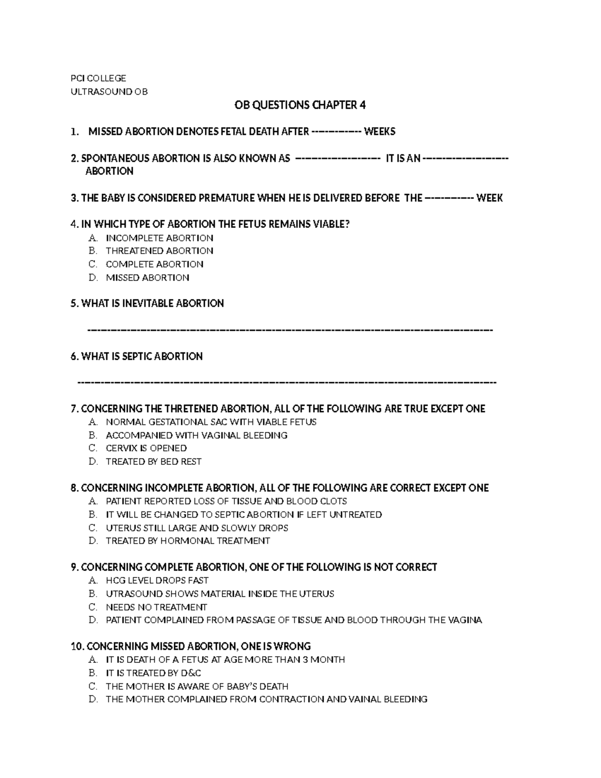OB QUES CH 4 - Study questions - PCI COLLEGE ULTRASOUND OB OB QUESTIONS ...