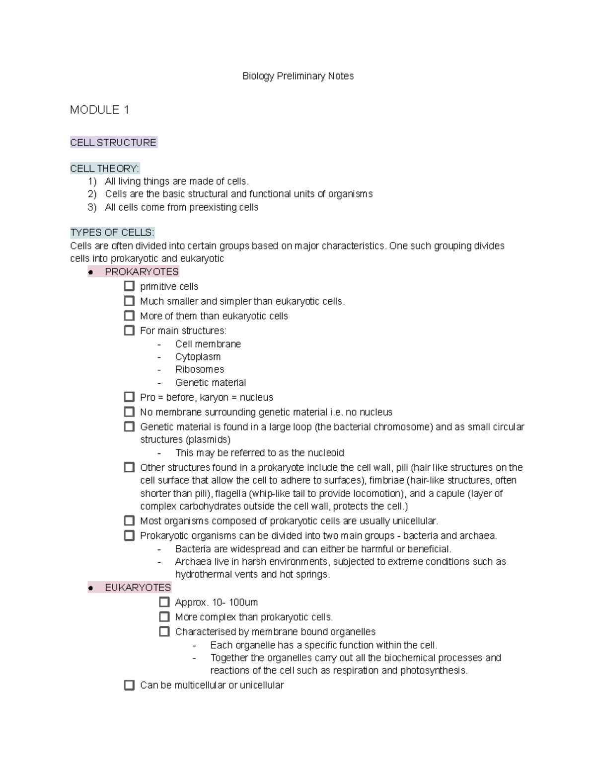 Biology Preliminary Notes - Biology Preliminary Notes MODULE 1 CELL ...