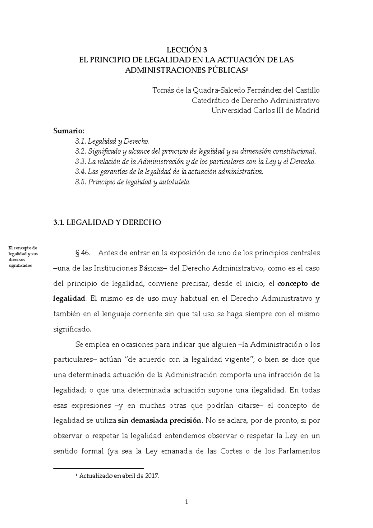 Instituciones Básicas de Derecho Administrativo- Lección 3 - LECCIÓN 3 EL PRINCIPIO DE LEGALIDAD ...