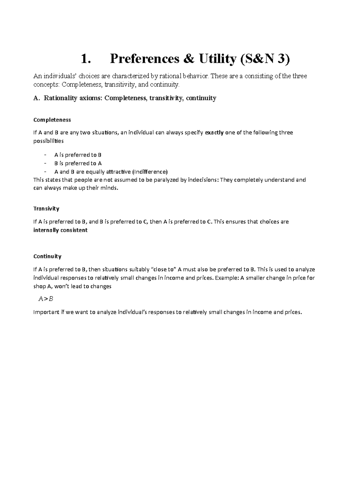 1. Preferences and utility - 1. Preferences & Utility (S&N 3) An ...