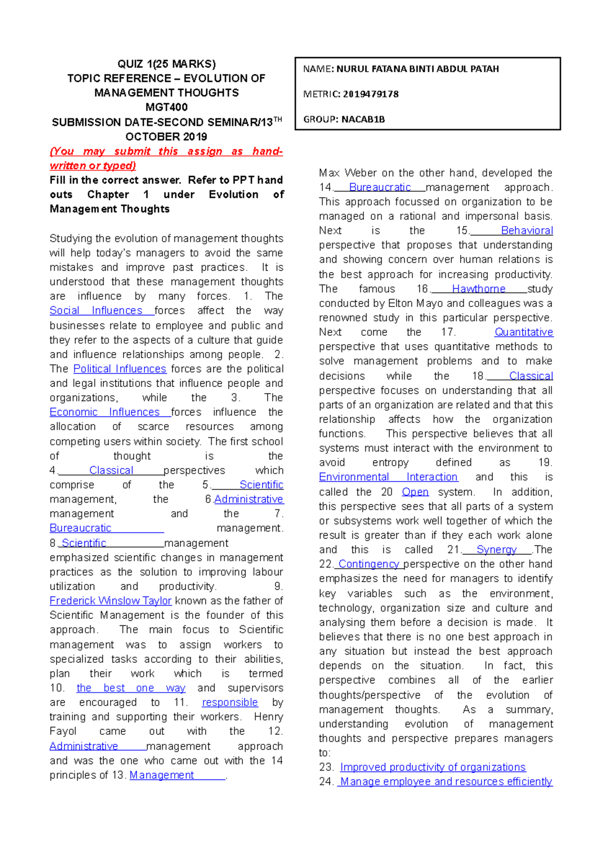 MGT400-QUIZ 1-13-10 -19-3 - QUIZ 1(25 MARKS) TOPIC REFERENCE ...