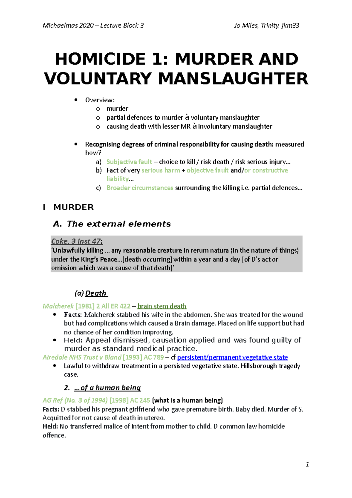 Homicide jo miles - lecture notes - HOMICIDE 1: MURDER AND VOLUNTARY ...