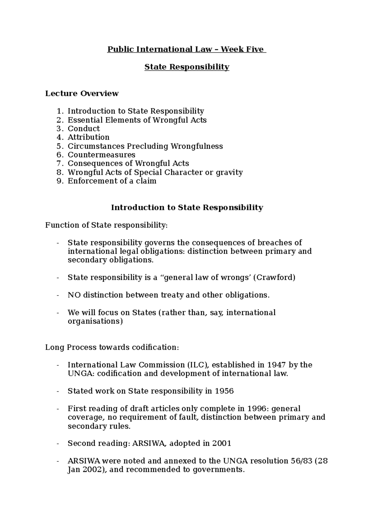 State Responsibility - Public International Law – Week Five State ...
