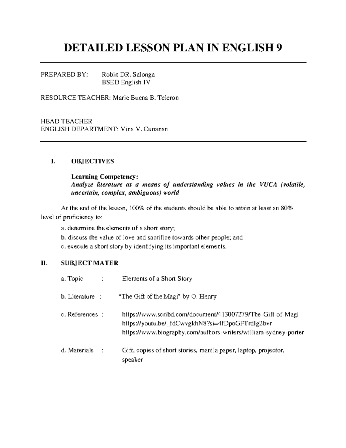 GIFT OF THE MAGI - DETAILED LESSON PLAN IN ENGLISH 9 PREPARED BY: Robin ...