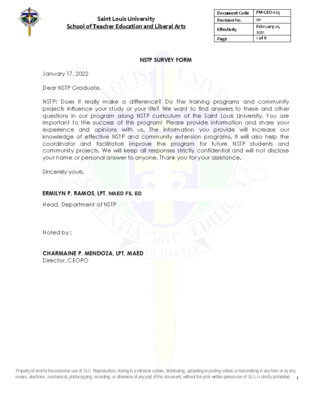 NSTP EXIT Survey FORM - NSTP course - Property of and for the exclusive ...