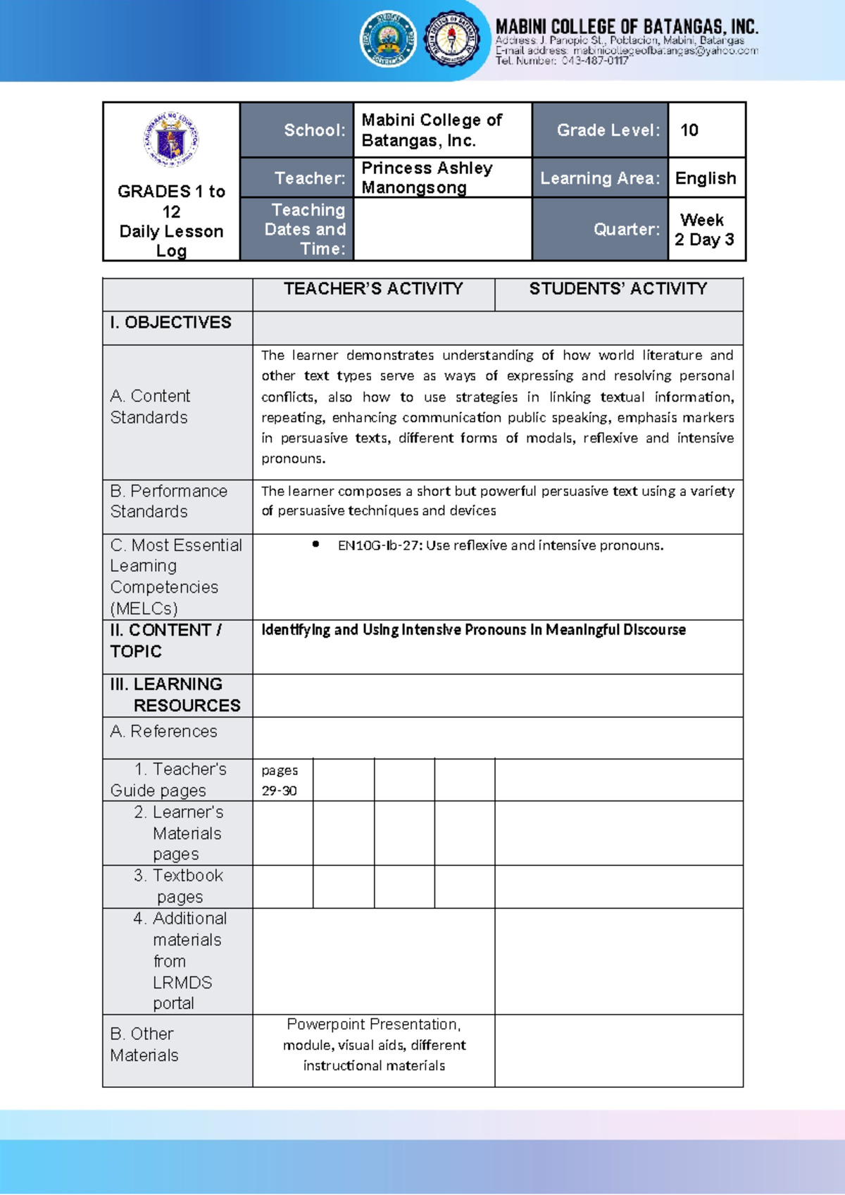 Dll - GRADES 1 to 12 Daily Lesson Log School: Mabini College of ...