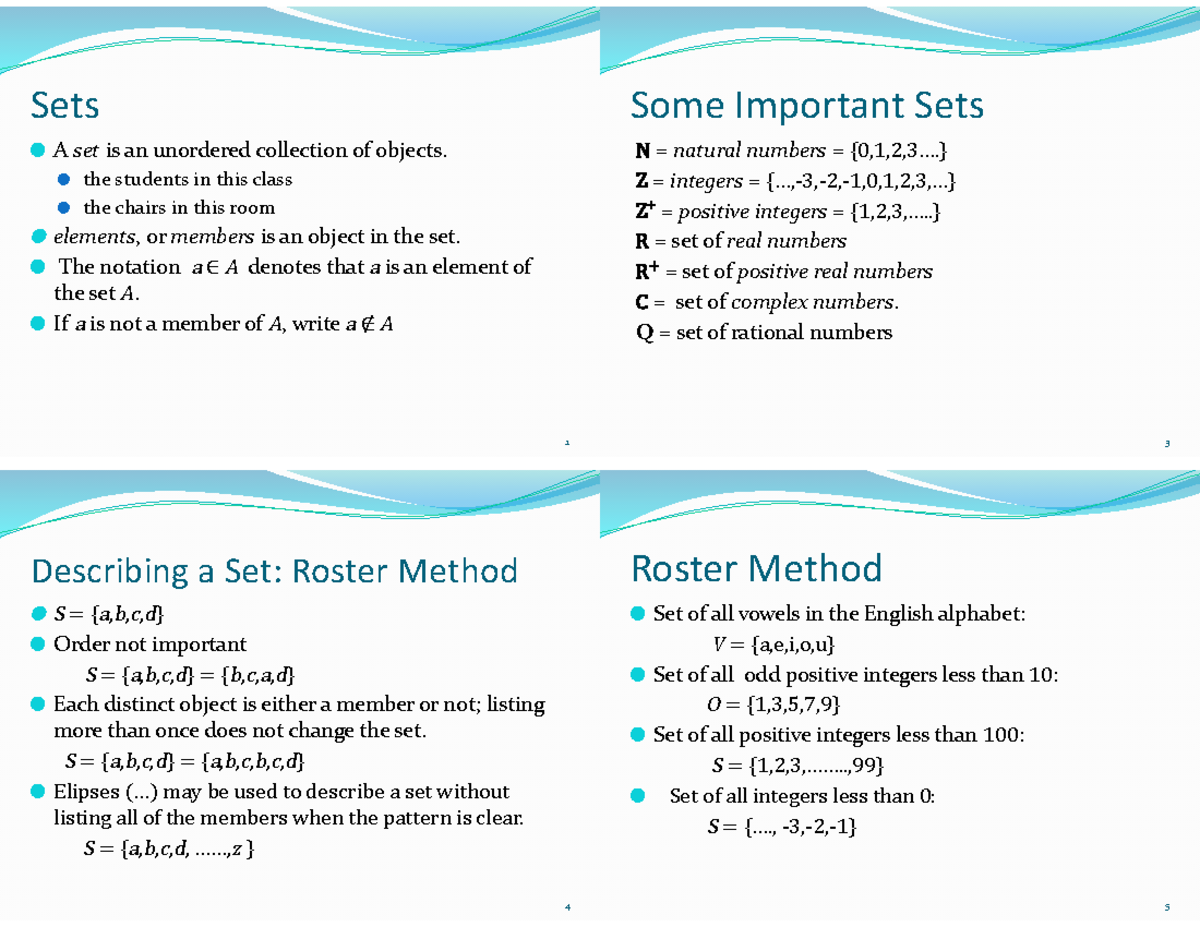 001 Set - Sets - Sets ⚫ A set is an unordered collection of objects. ⚫ the students in this ...