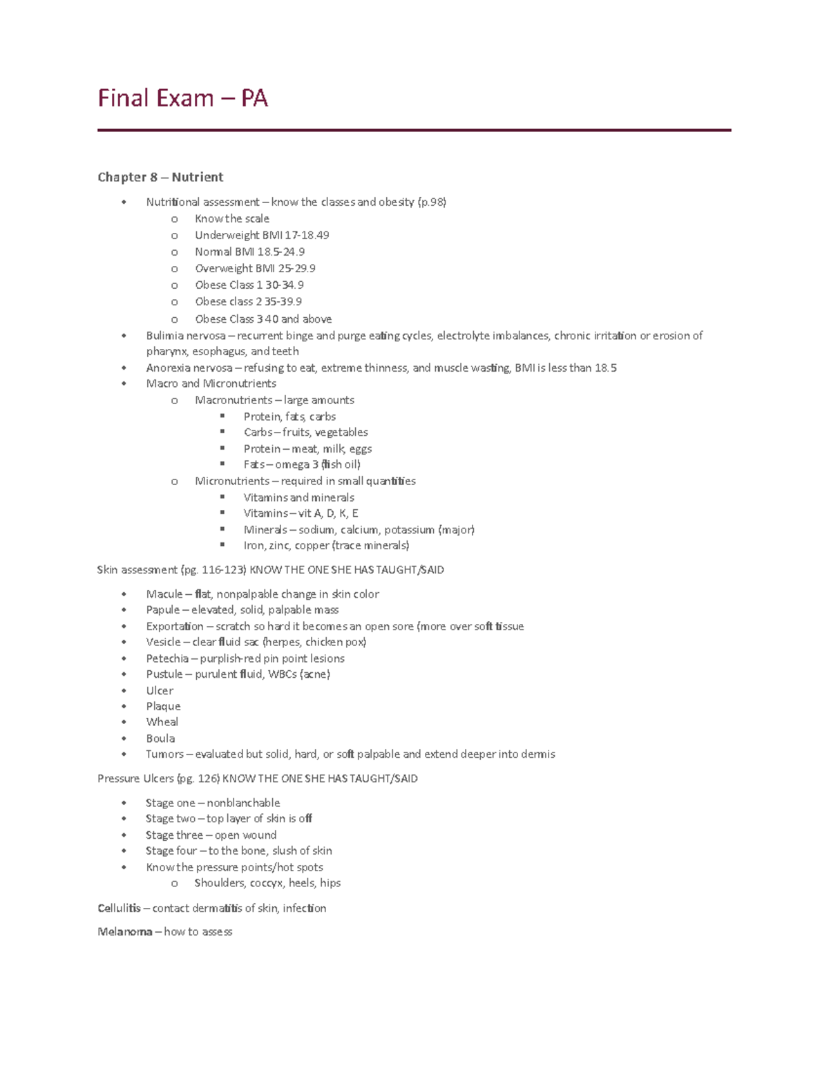 Final Exam - PA - Final Exam – PA Chapter 8 – Nutrient Nutritional ...