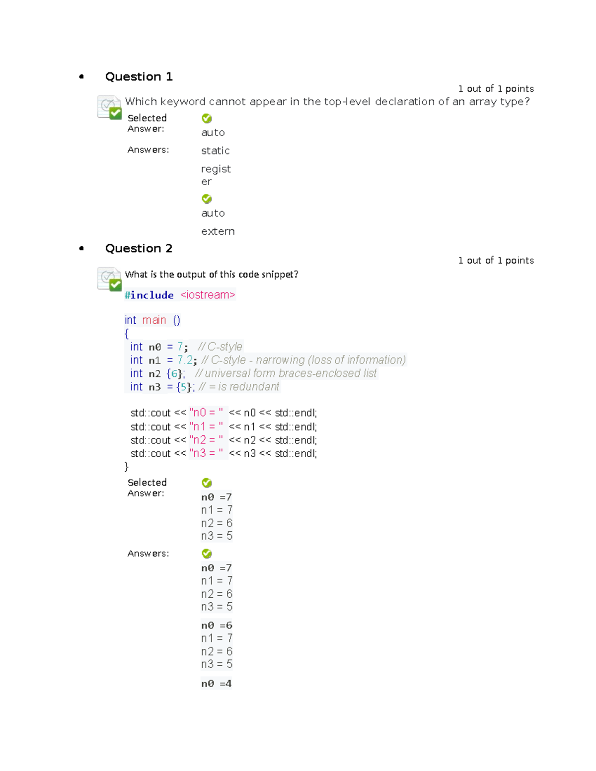 Quiz2 - OOP345 quiz - Question 1 1 out of 1 points Which keyword cannot appear in the top-level ...