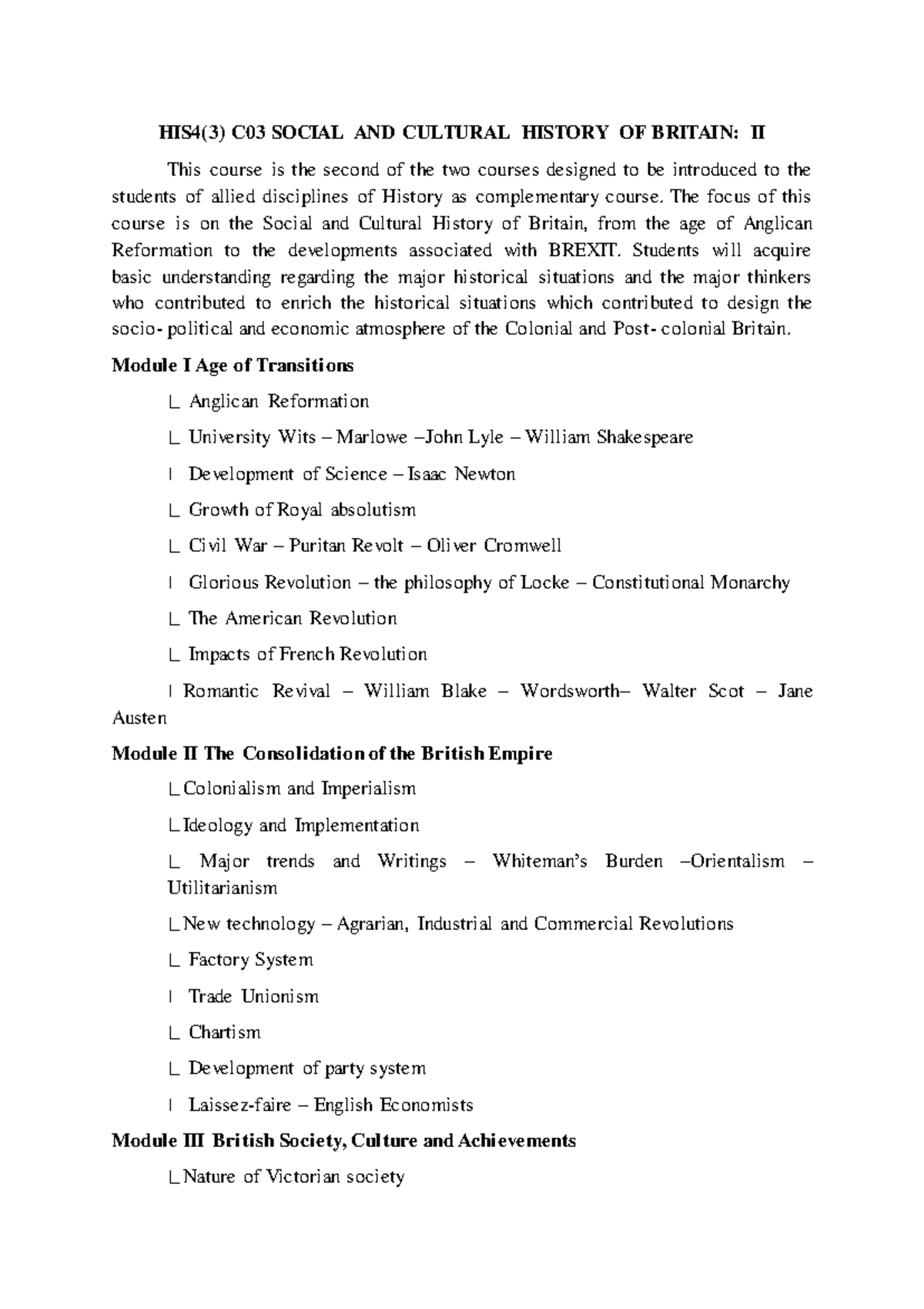 Social AND Cultural History OF Britain - 2 - HIS4(3) C03 SOCIAL AND ...