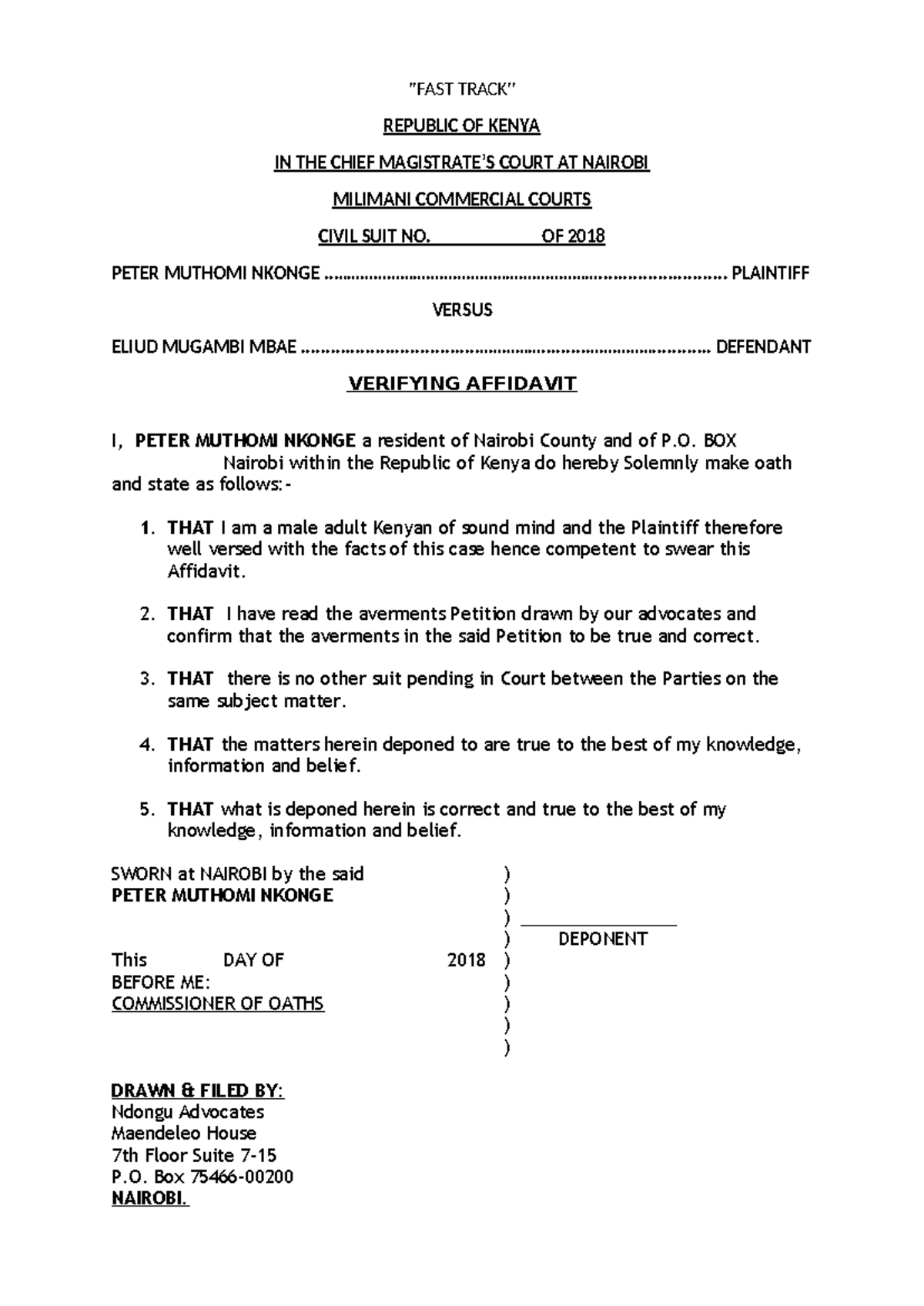 Verifying affidavit plaint - ''FAST TRACK'' REPUBLIC OF KENYA IN THE ...