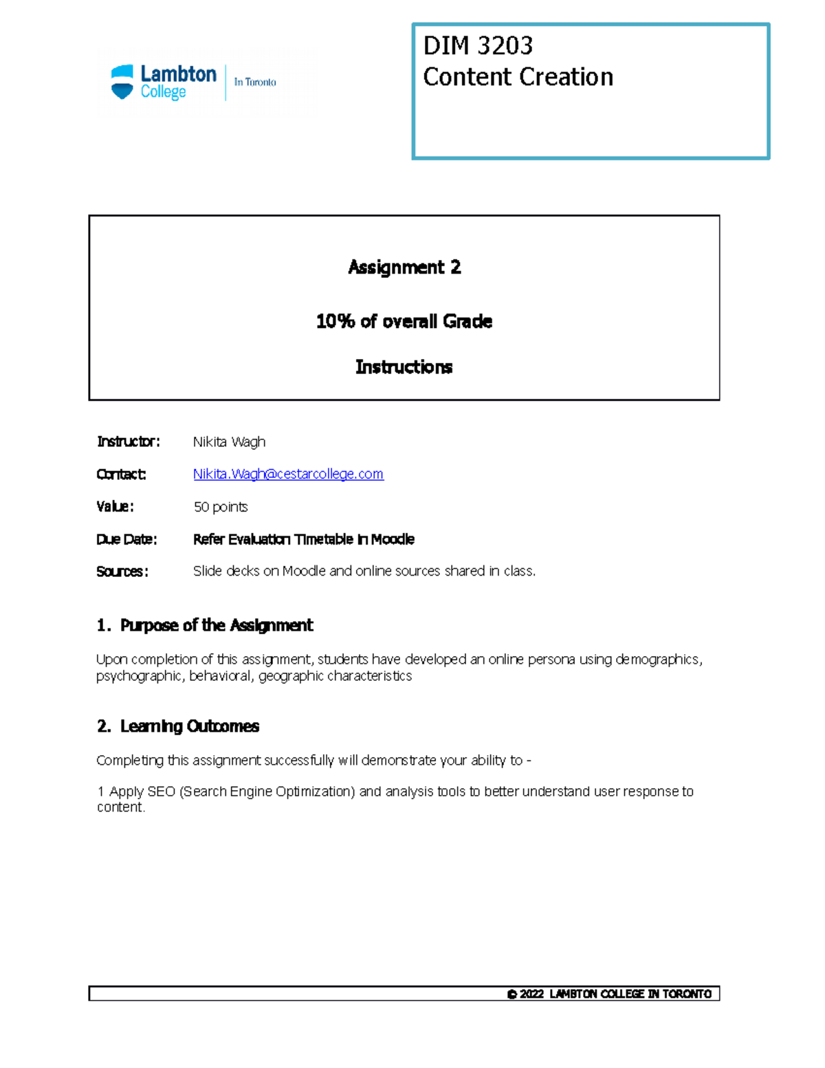 DIM 3203 - Assignment 2 - Assignment 2 10 % of overall Grade Instructions Instructor: Nikita ...