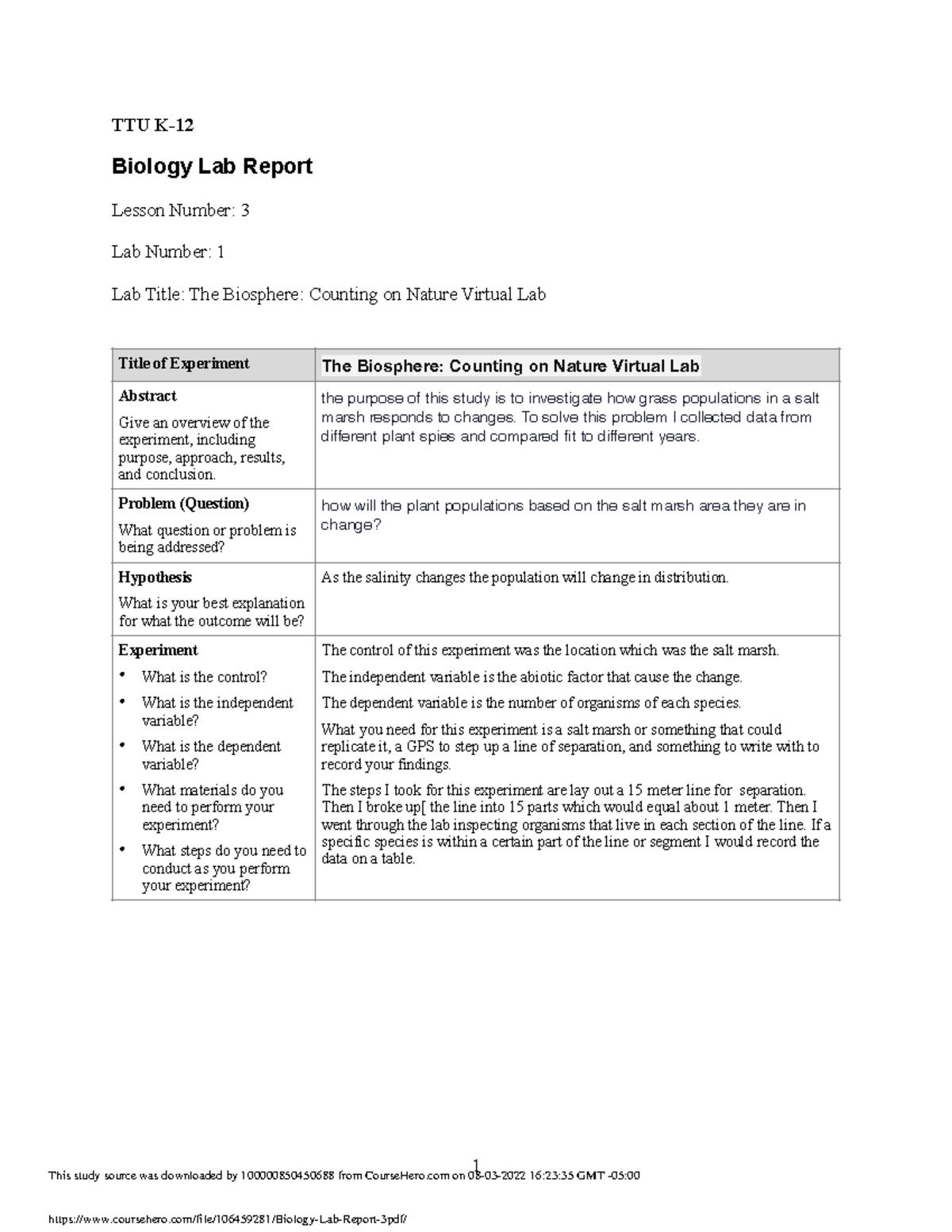 Biology Lab Report 3.pdf - TTU K- Biology Lab Report Lesson Number: 3 ...