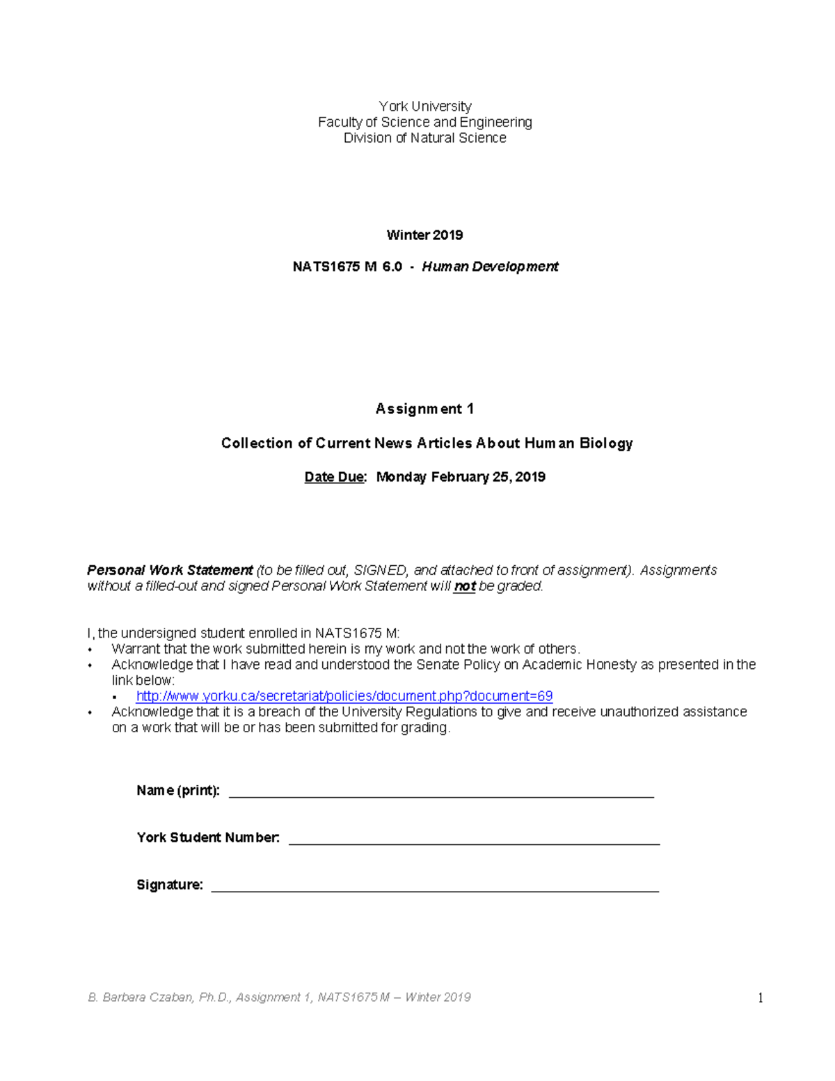 01 - nats1675M-w19 - Assignment 1 - Human Biology - York University ...