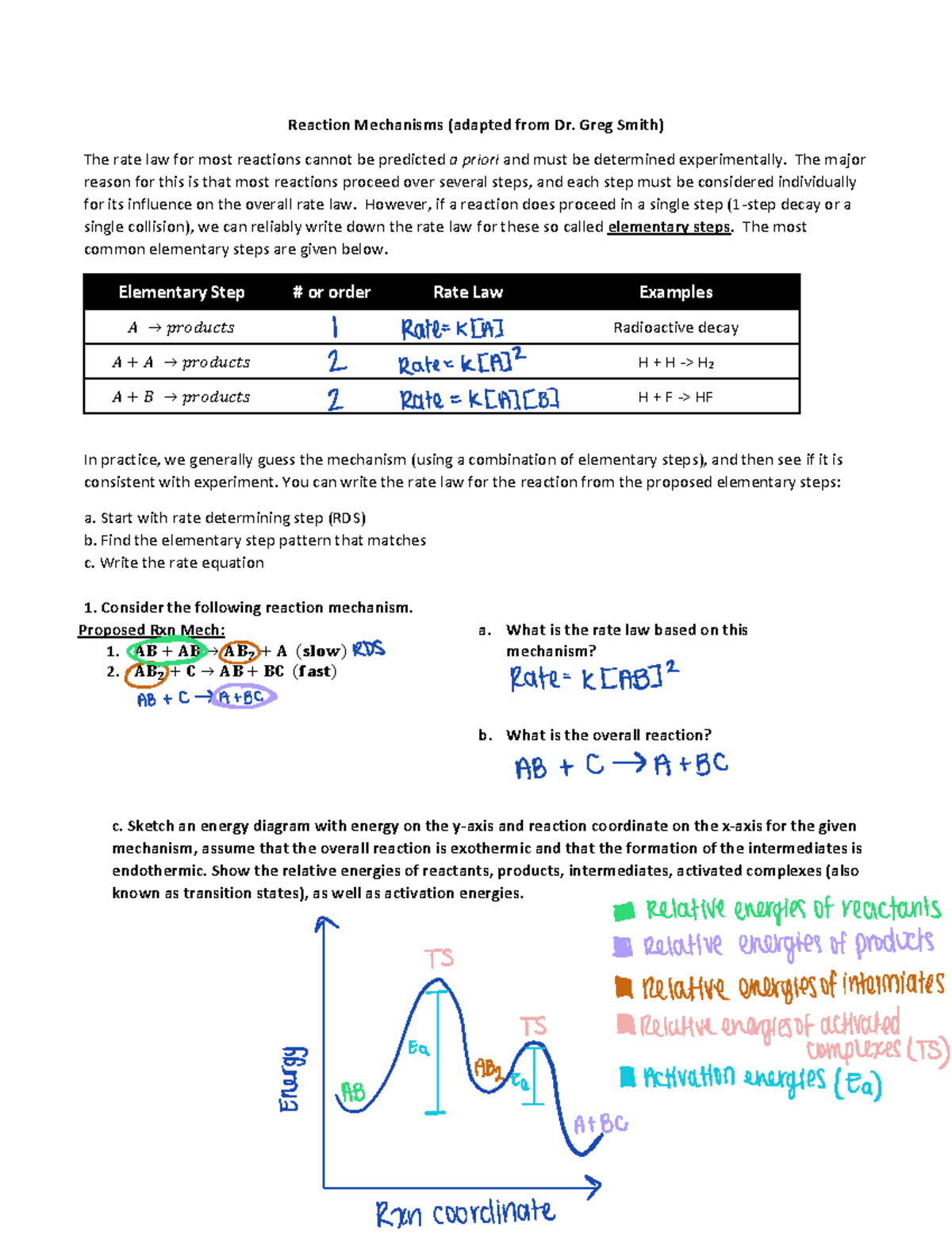 Worksheet 5 - Reaction Mechanisms (adapted from Dr. Greg Smith) The ...