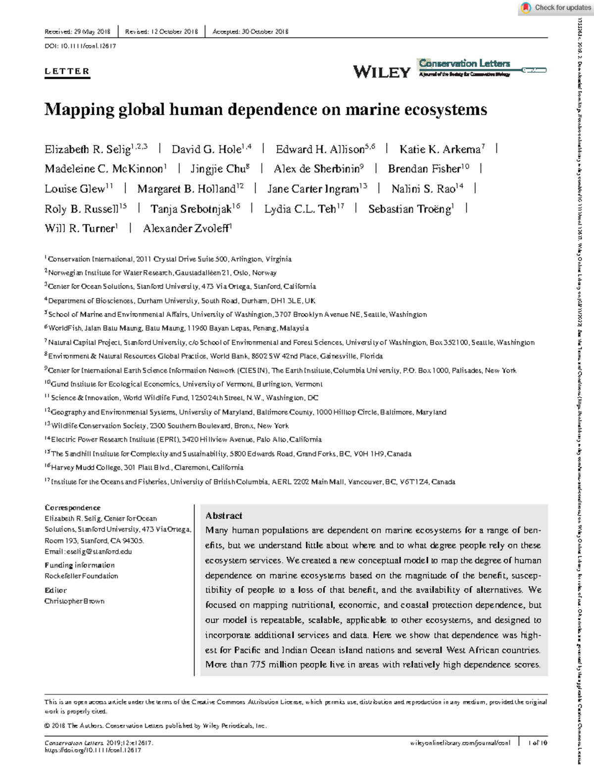 Conservation Letters - 2018 - Selig - Mapping global human dependence ...