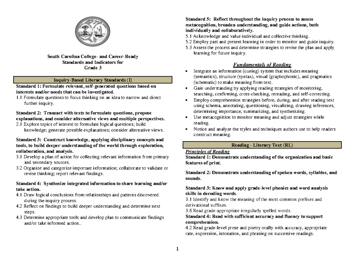 Scccrstandards One Pager Grade 3 ELA - South Carolina College- and ...