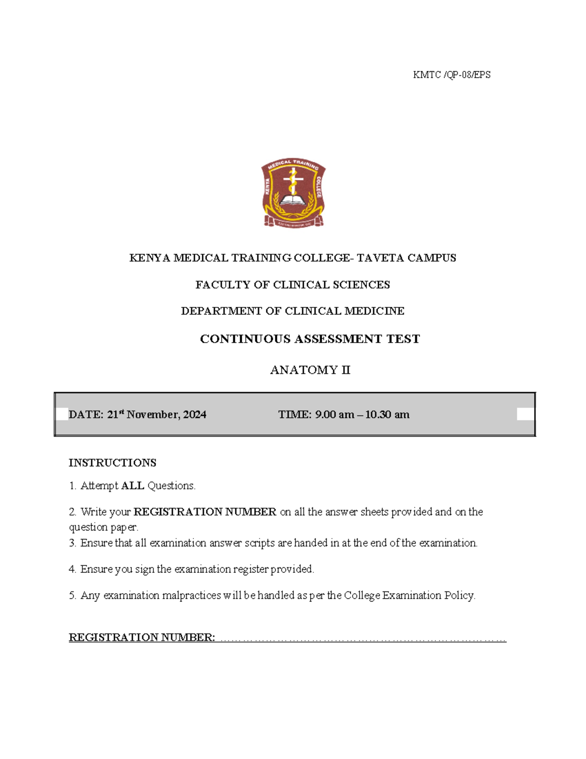 CAT EMT Anatomy II - countinous assessment test - KMTC /QP-08/EPS KENYA ...