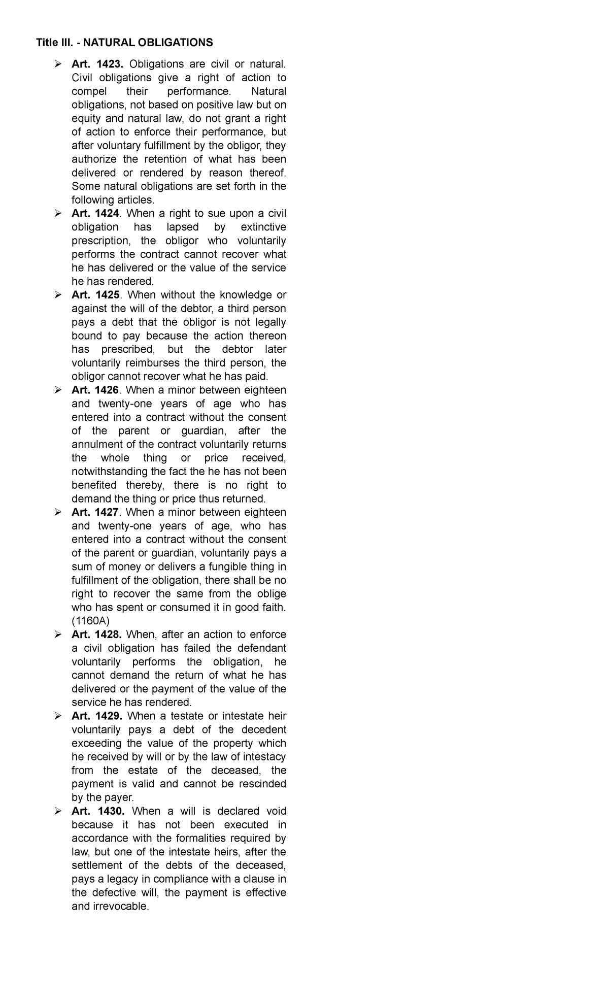 Title III - NATURAL OBLIGATIONS Art. 1423. Obligations are civil or ...
