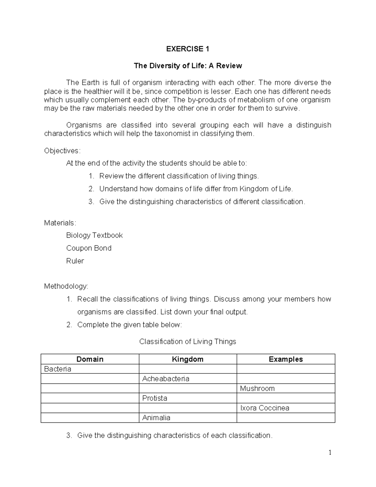 Compilation of Laboratory Exercises in Systematic Zoology - EXERCISE 1 The Diversity of Life: A ...
