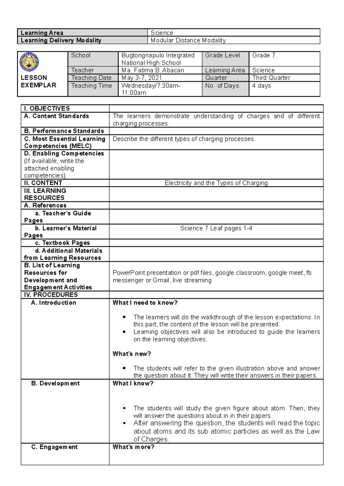 Science le thirdquarter charging - Learning Area Science Learning ...