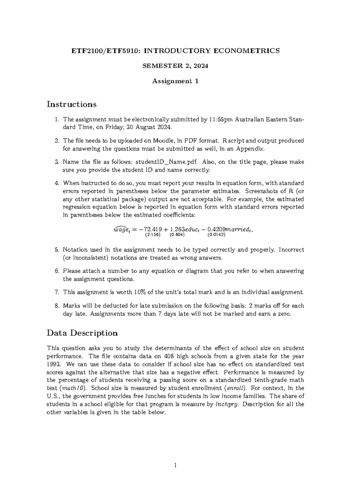 Assignment 1 2024 Etf2100 Etf5910 Introductory Econometrics Semester 2 2024 Assignment 1