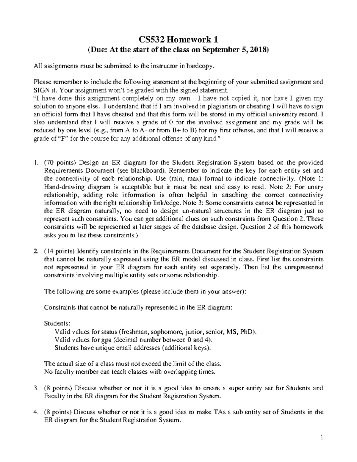 Home Work 1 Questions - Homework Assignment 1 datatabase system under professor KD kang - 1 ...