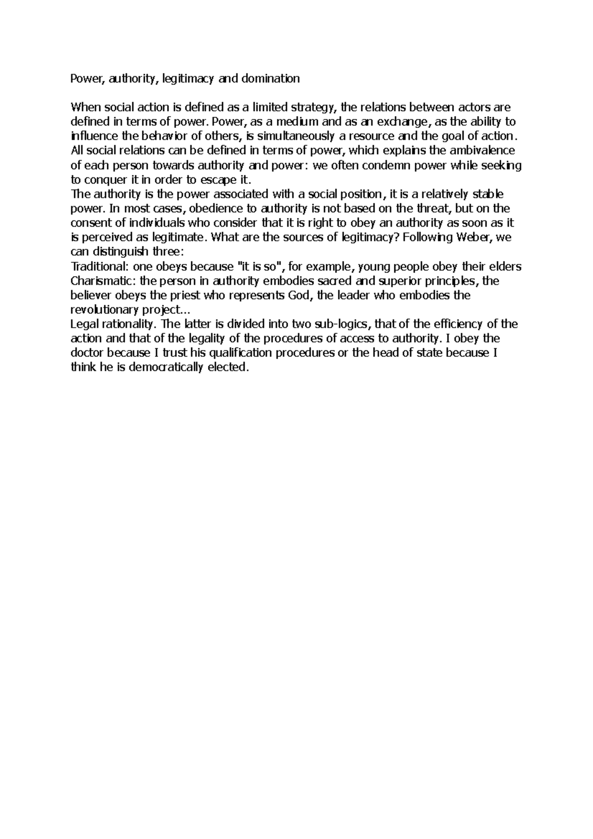 Power - Lecture notes Global sociology - Power, authority, legitimacy ...