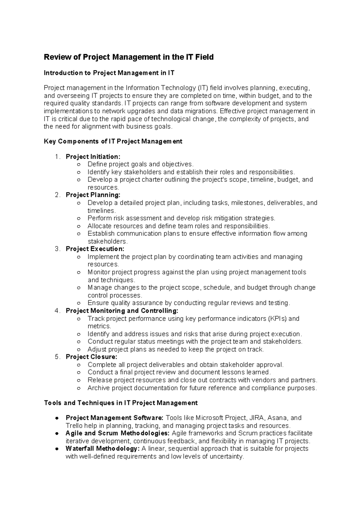 Project Management - Note - Review of Project Management in the IT ...