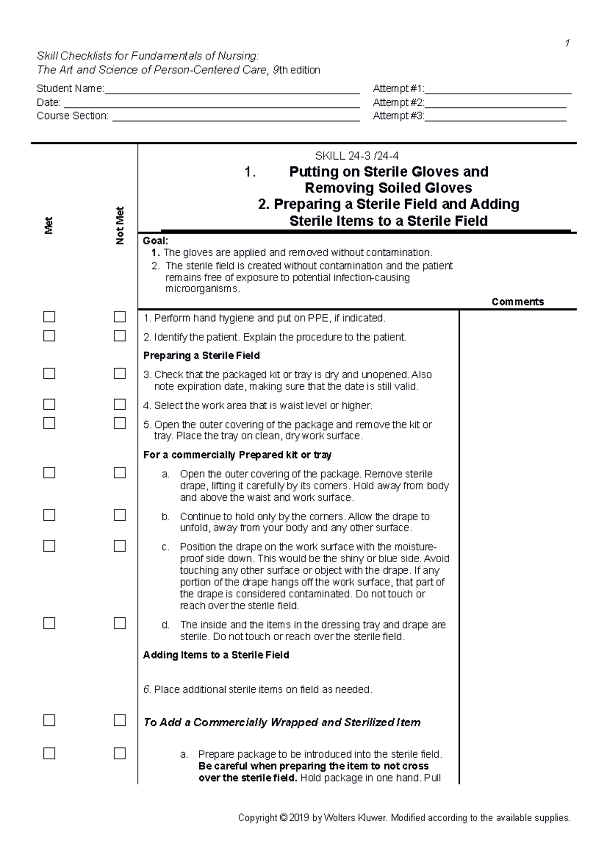 Sterile+Technique+Skills+Checklist - 1 Skill Checklists for ...