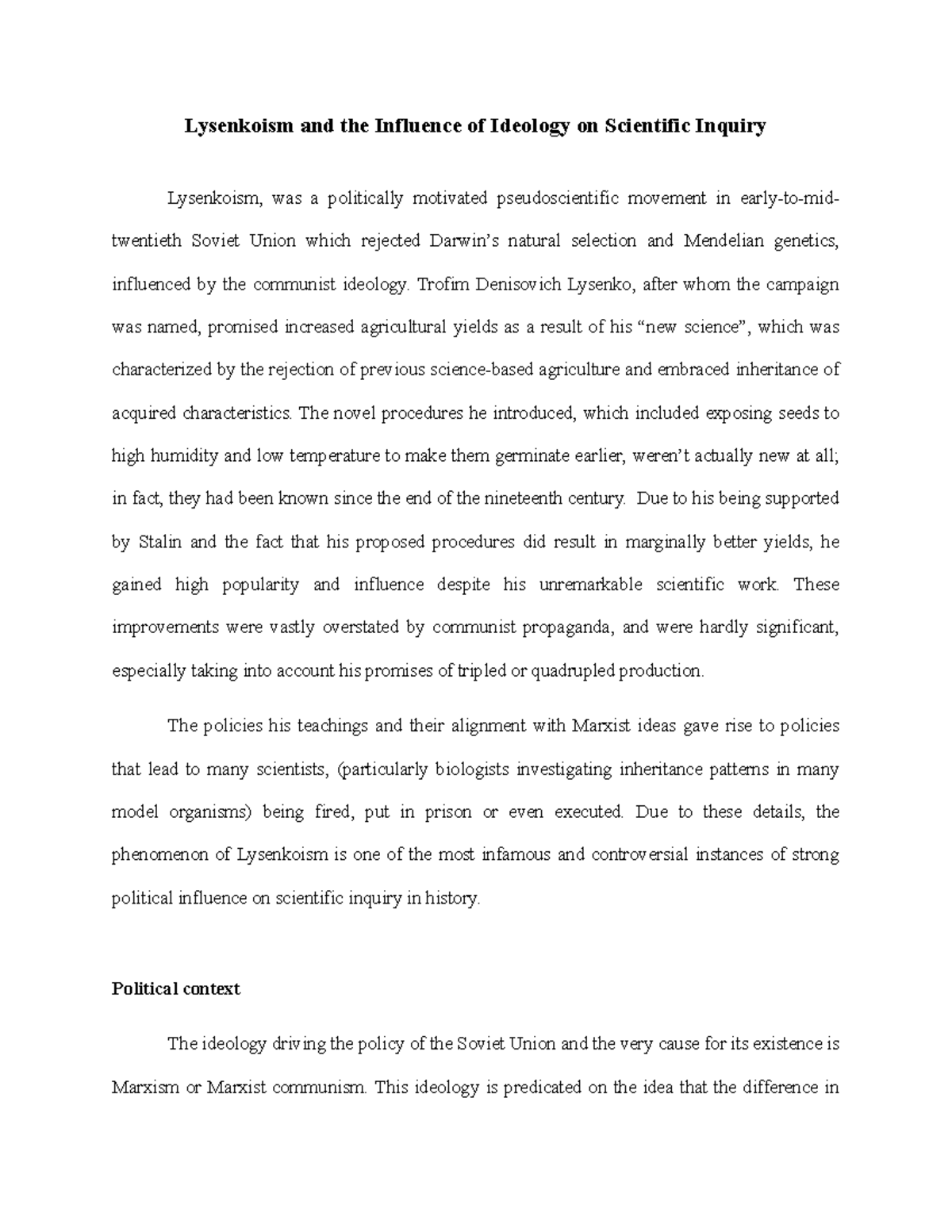 PHIL 351 Final Paper - Lysenkoism - Lysenkoism and the Influence of ...