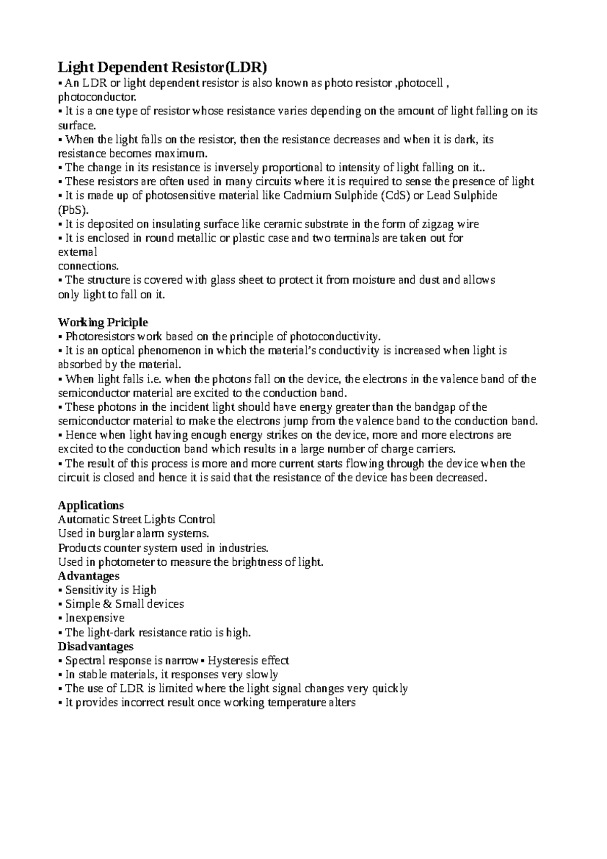 Sensor lecture notes - Light Dependent Resistor(LDR) An LDR or light ...