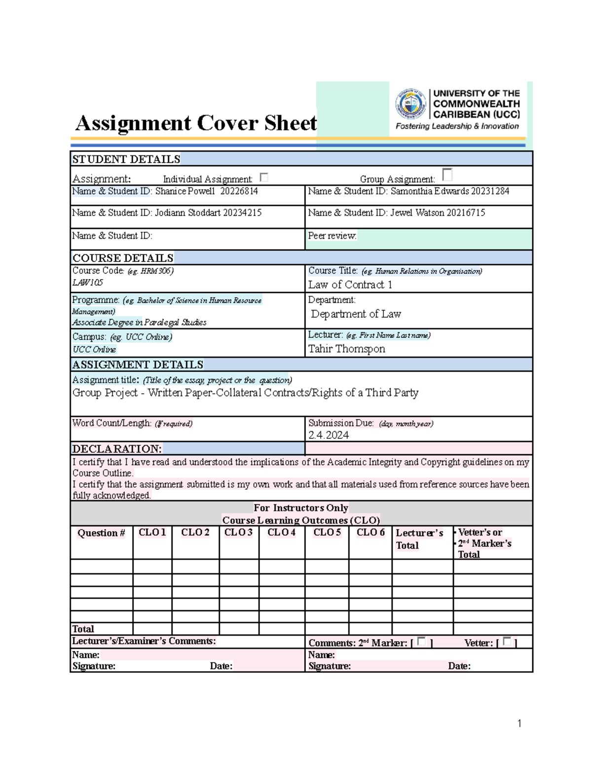 Collateral Contract Essay - Assignment Cover Sheet STUDENT DETAILS ...