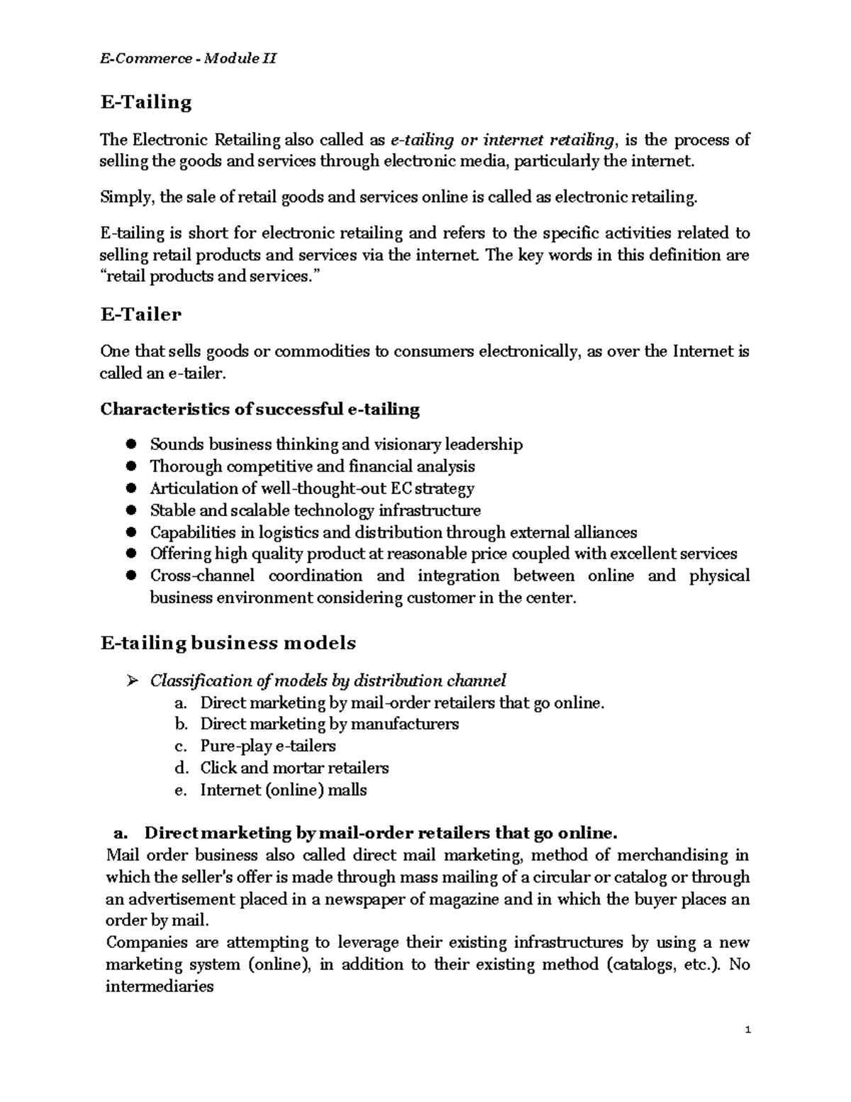 EC- Module II-converted - E-Tailing The Electronic Retailing also ...