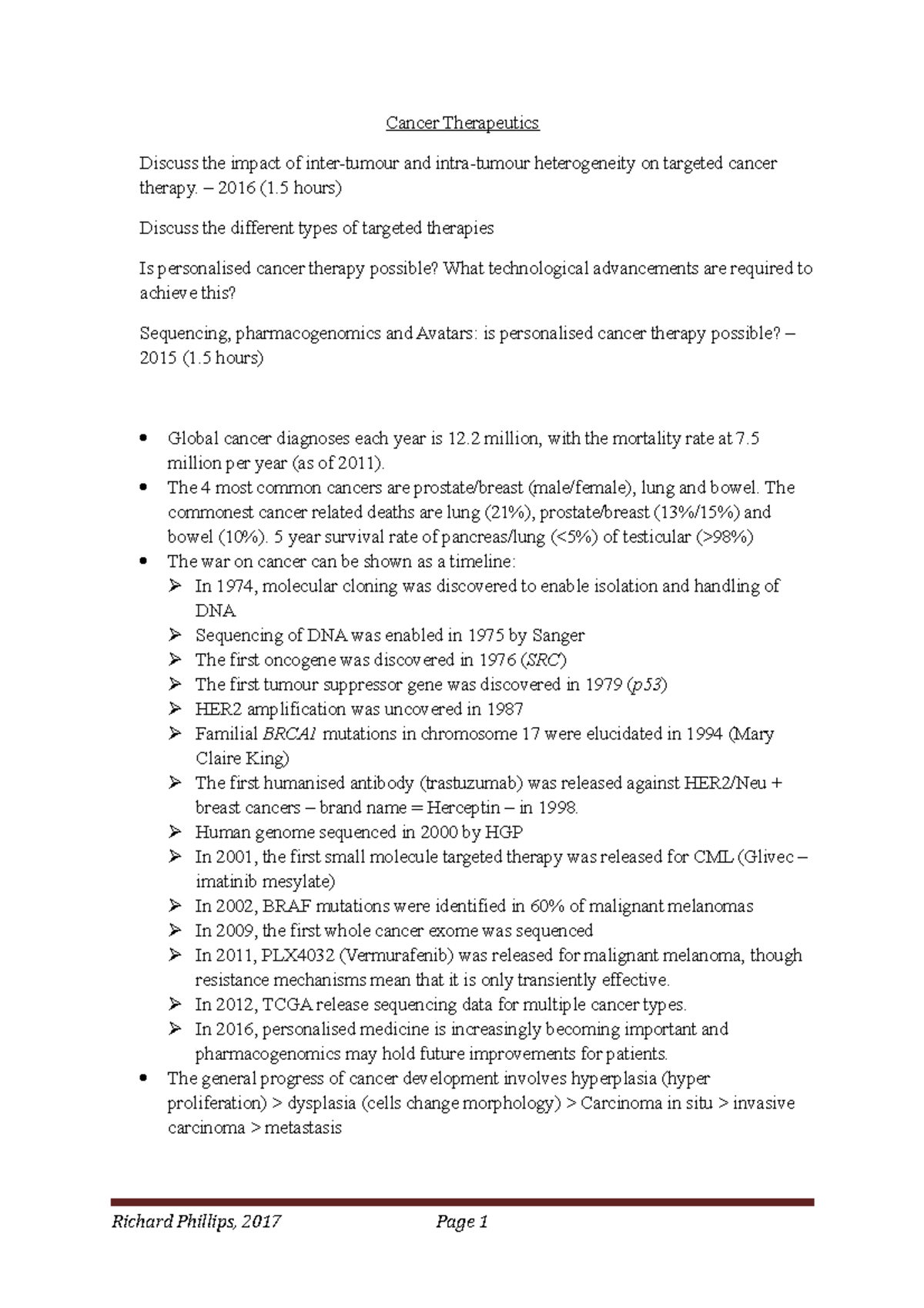 Cancer therapies - Lecture notes 1-4 - Cancer Therapeutics Discuss the ...