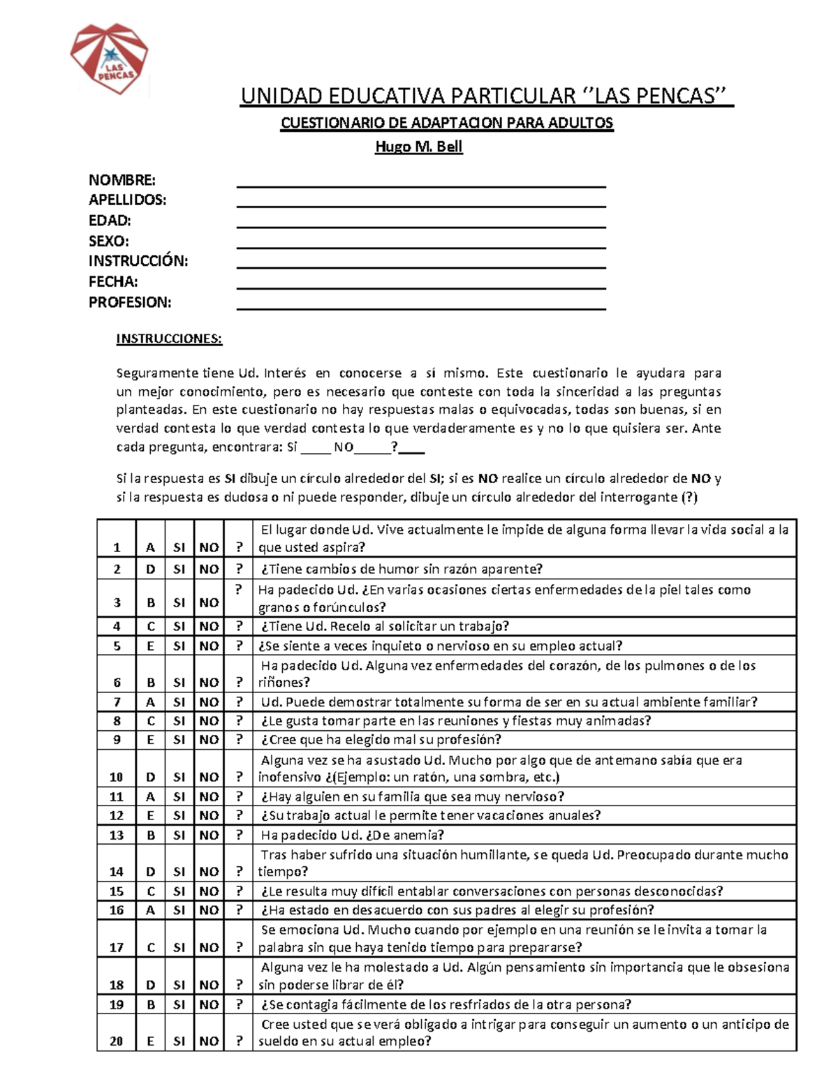 Test de Hugo Bell - Test Hugo Bell - UNIDAD EDUCATIVA PARTICULAR ‘’LAS ...