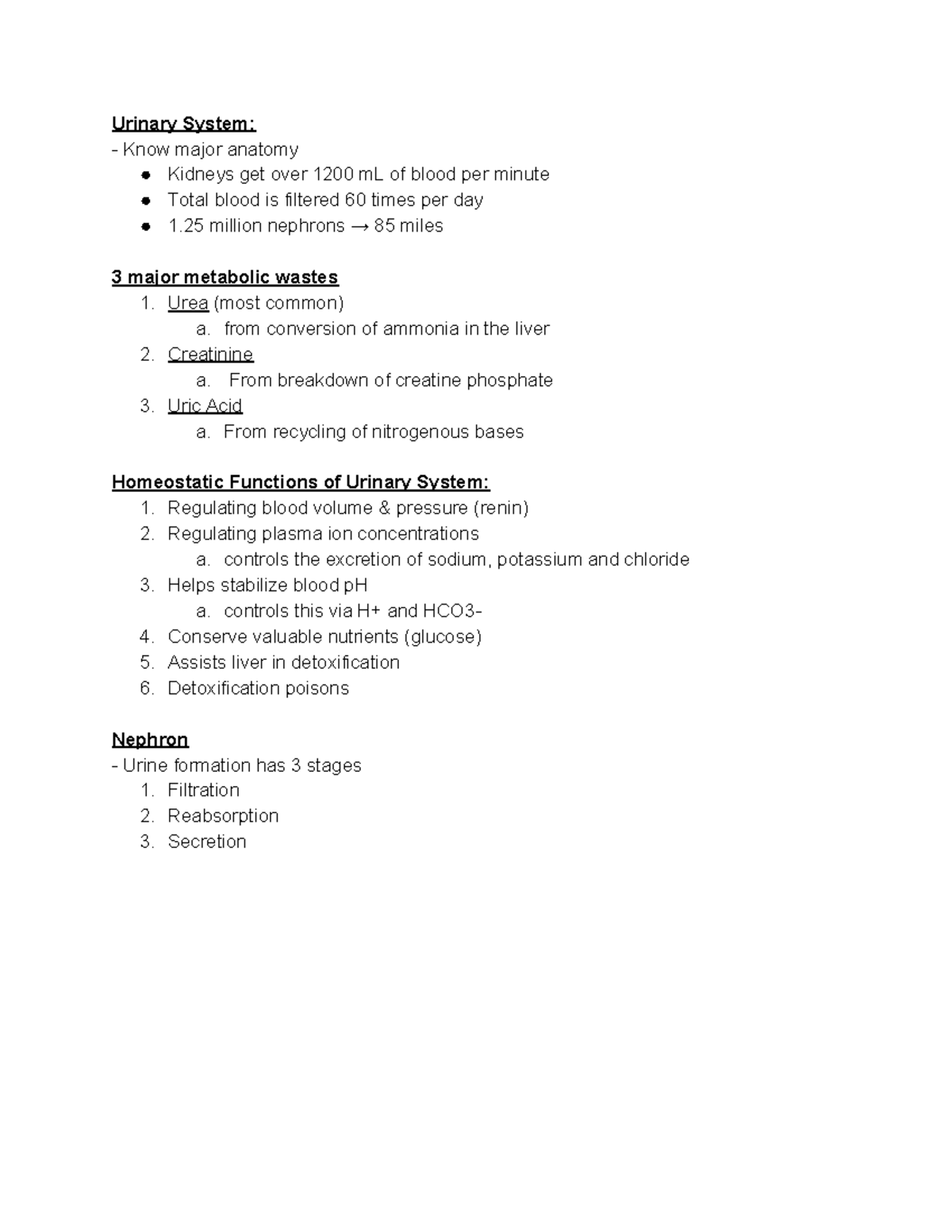 Urinary System - Lecture notes 16-18 - Urinary System: Know major ...