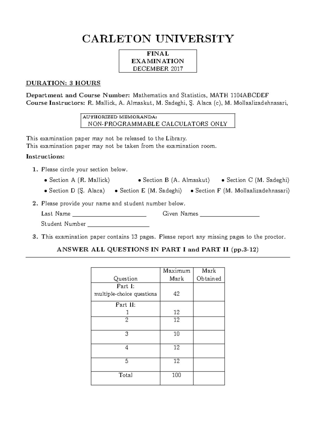 1-Solution MATH1104-Final Exam-F17-Ver3 - CARLETON UNIVERSITY FINAL ...