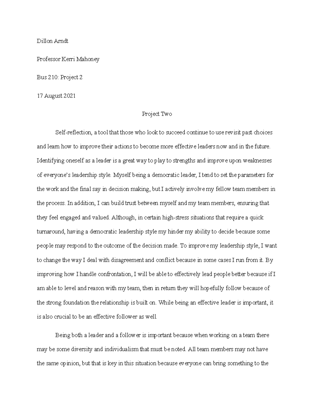 Bus 210 - Project Two - Dillon Arndt Professor Kerri Mahoney Bus 210 ...