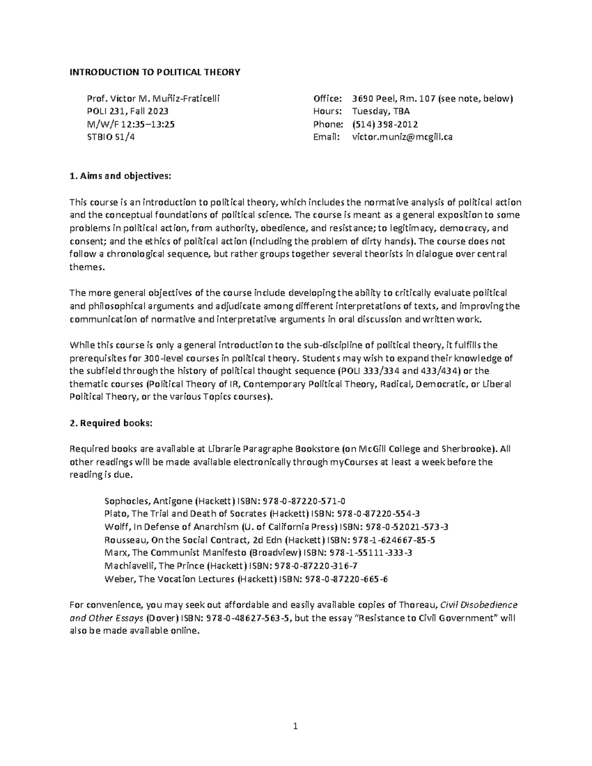 POLI 231 Syllabus W23 - INTRODUCTION TO POLITICAL THEORY Prof. Víctor M ...