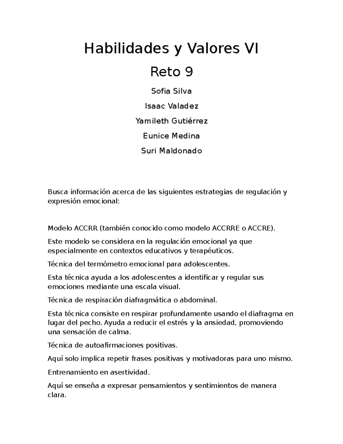 Habi lidades y Valores VI RETO 9 - Habilidades y Valores VI Reto 9 ...