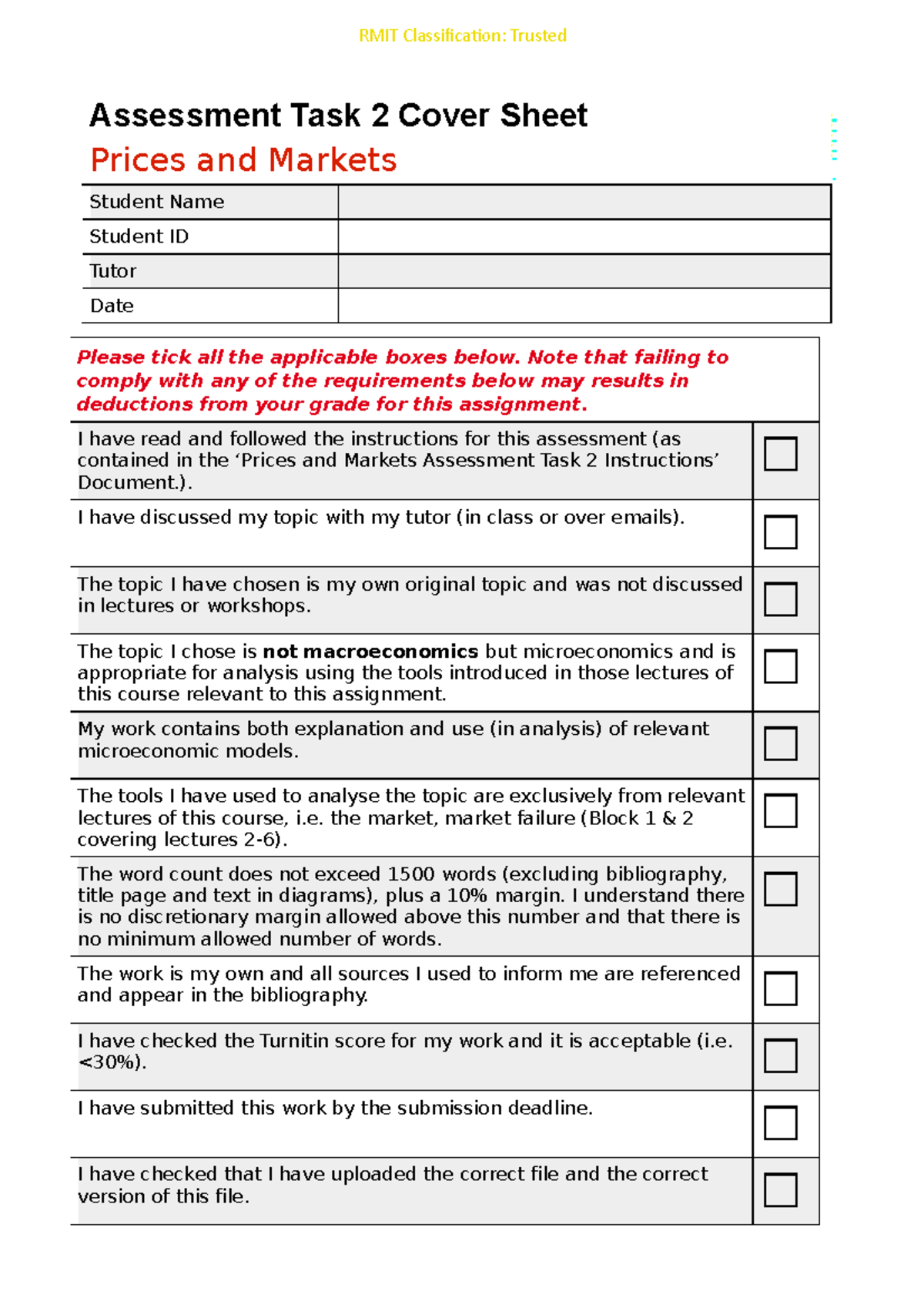 Prices and Markets Assessment Task 2 Template - Please tick all the applicable boxes below. Note ...