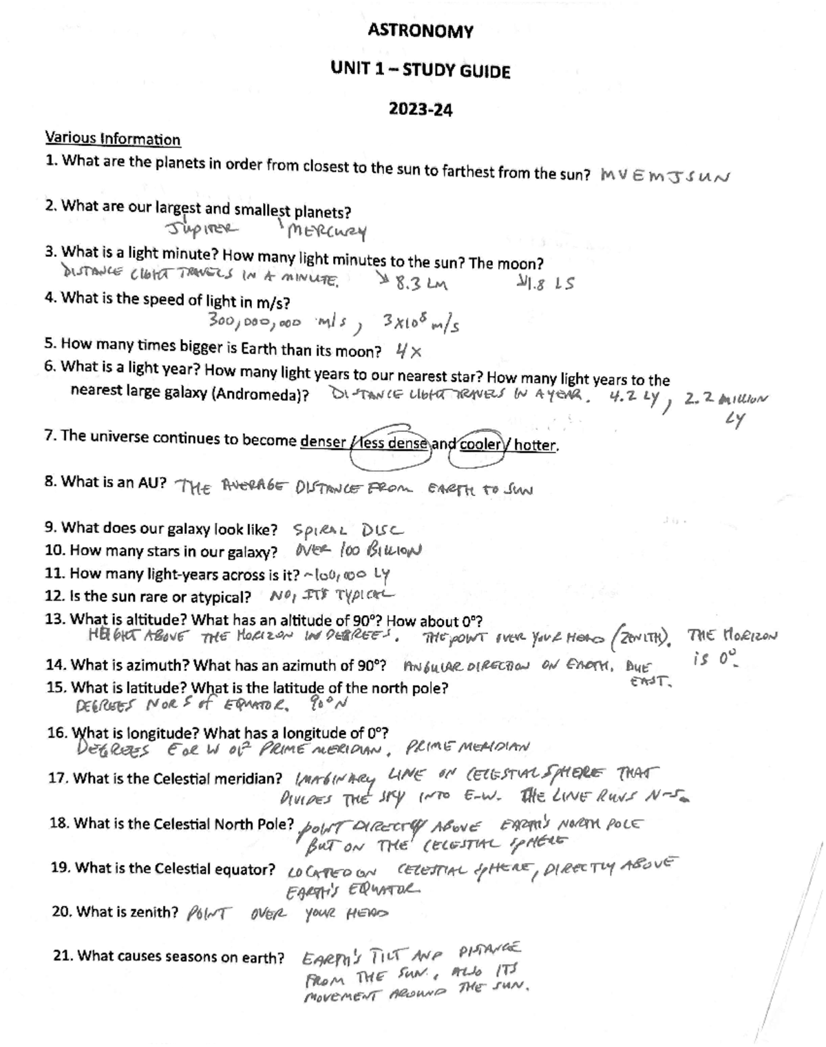 Astro - Unit 1 Study Guide - 23-24 - KEY - Studocu