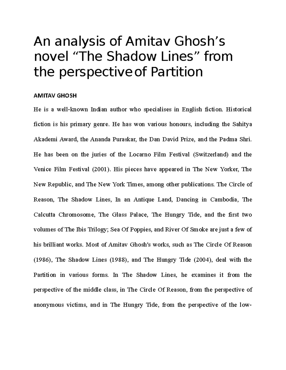 An analysis of Amitav Ghosh’s novel “The Shadow Lines” from the perspective of Partition - Studocu