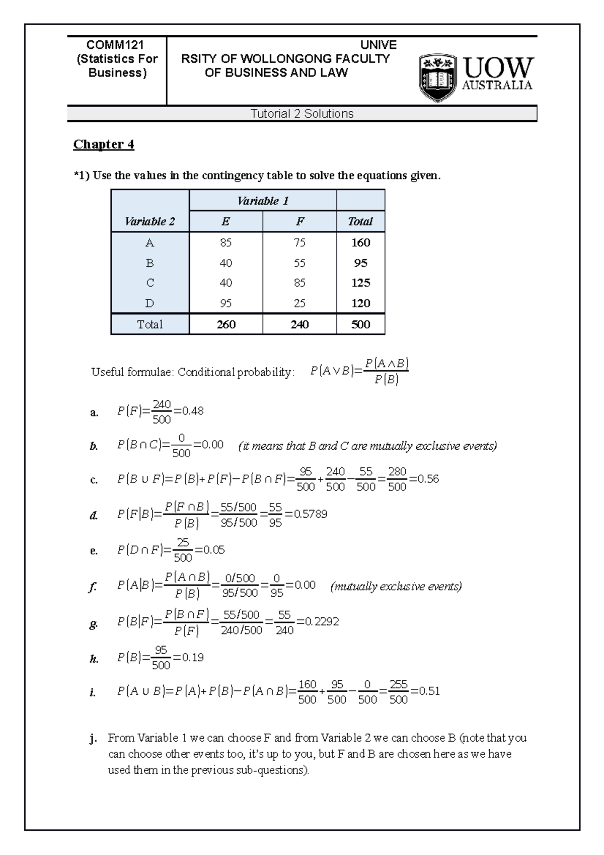 COMM121 T02 Solutions ch 4-5 - COMM (Statistics For Business) UNIVE RSITY OF WOLLONGONG FACULTY ...