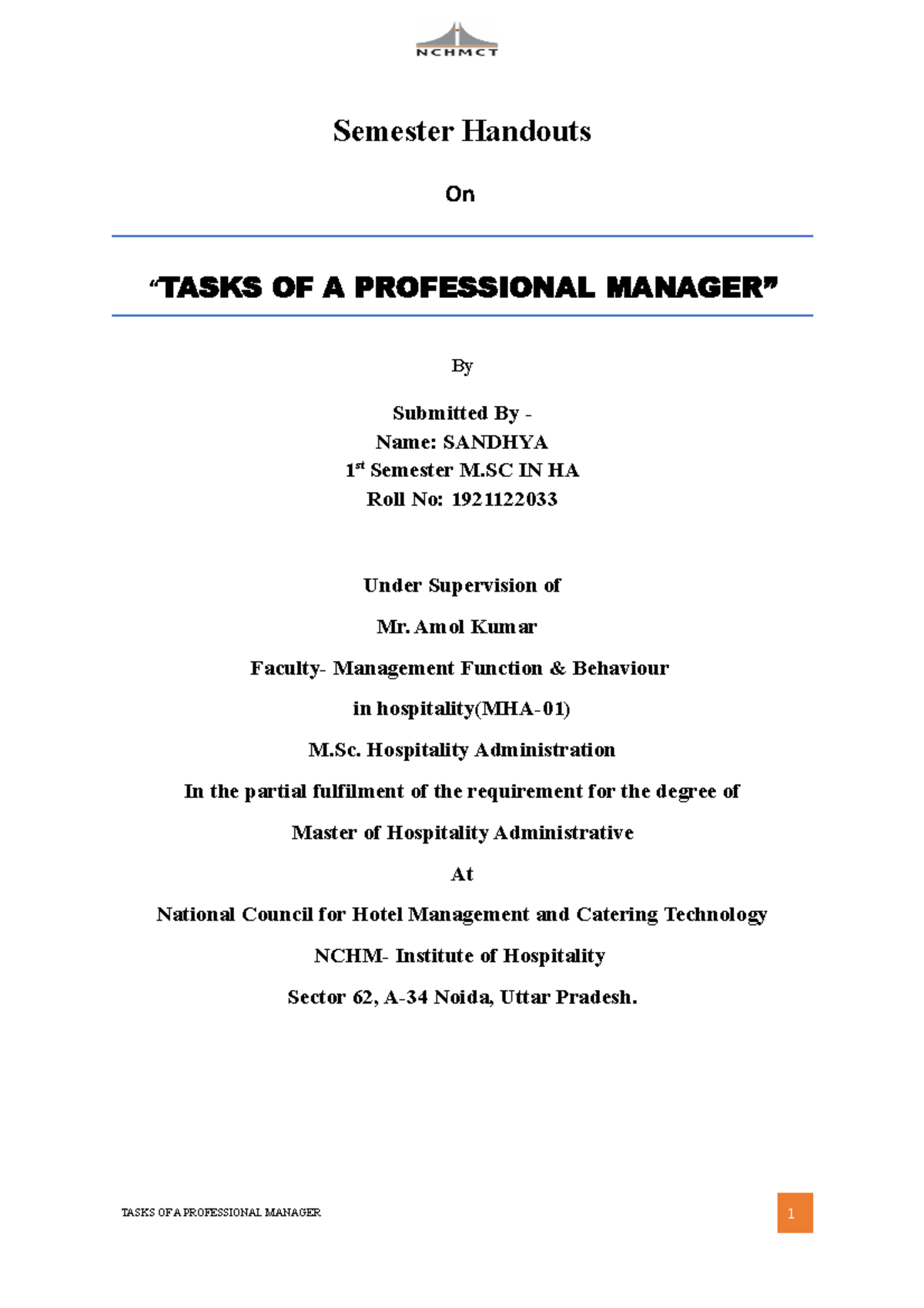 MF& B Tasks OF A Professional Manager Handouts - Semester Handouts On ...
