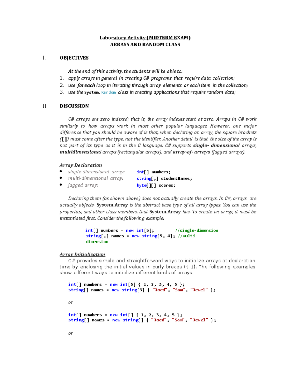 Midterm Laboratory Exam Laboratory Activity Midterm Exam Arrays And Random Class I