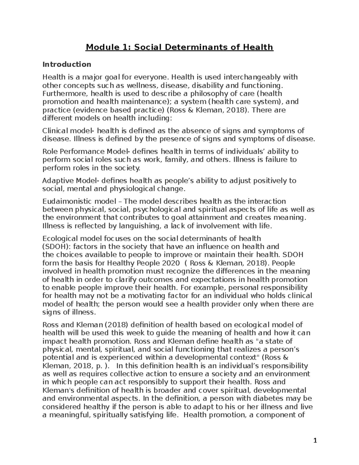 Module 1 Notes - Module 1: Social Determinants of Health Introduction ...