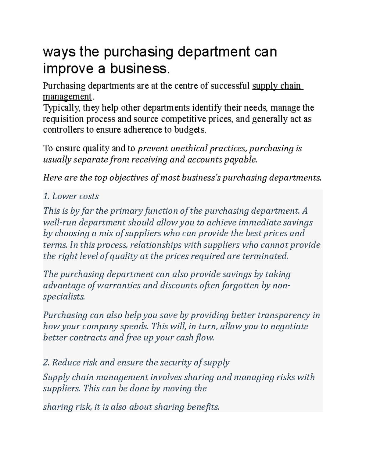 Purchase note - Introductory part - ways the purchasing department can ...